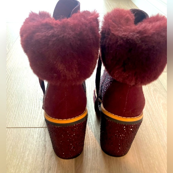 Shoes | Burgundy Bedazzled Heeled Boots W Fur | Poshmark